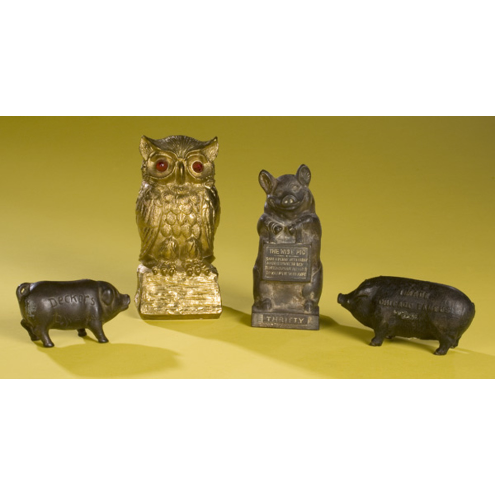 four-cast-iron-pig-owl-banks-cowan-s-auction-house-the-midwest-s