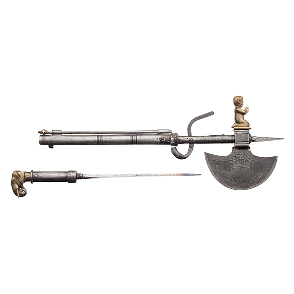 Ornate Iron Matchlock Axe Gun with Dagger Stored in Barrel - auctions ...
