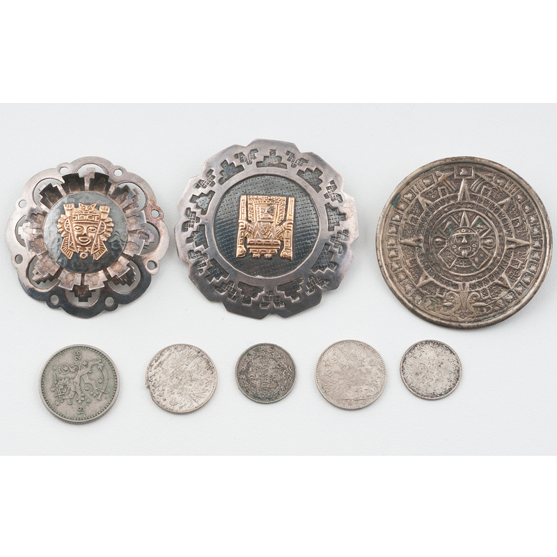 Mexican Aztec Calendar Pin and Peruvian Pins with 18k PLUS - auctions ...