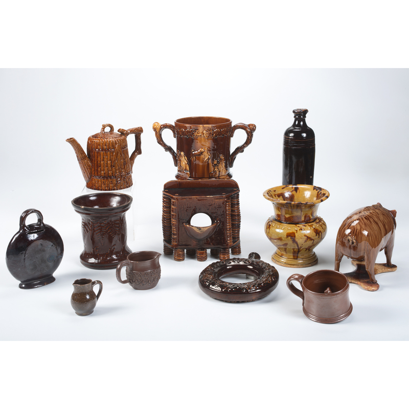 Twelve Pieces of Rockingham Glaze Pottery and Redware - auctions ...