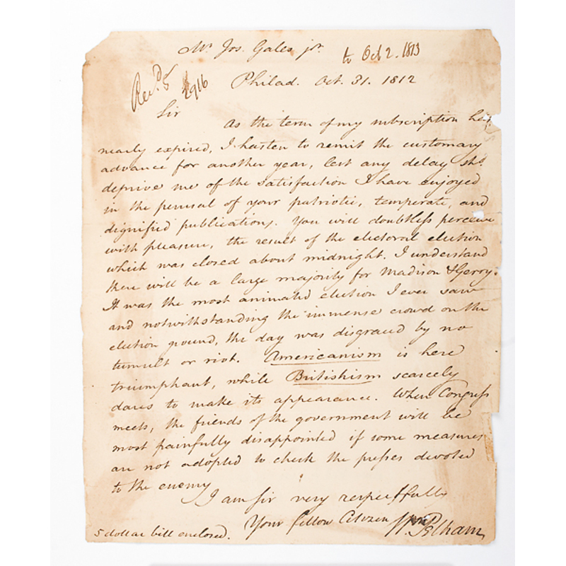 William Pelham, American Publisher and Patriot, ALS to Joseph Gales, Jr ...